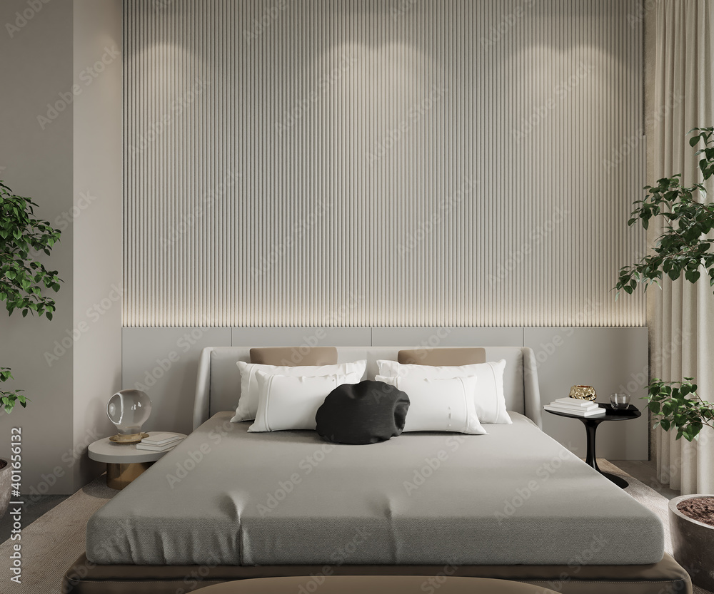 3d render, interior of bedroom with bed Stock Illustration | Adobe Stock