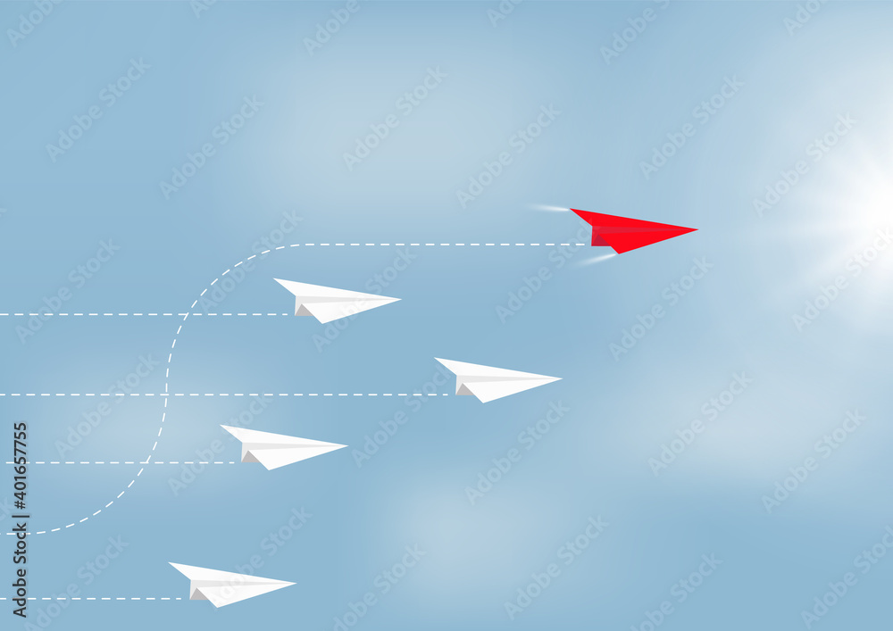 Paper airplanes flying with red airplane changing direction ahead ...