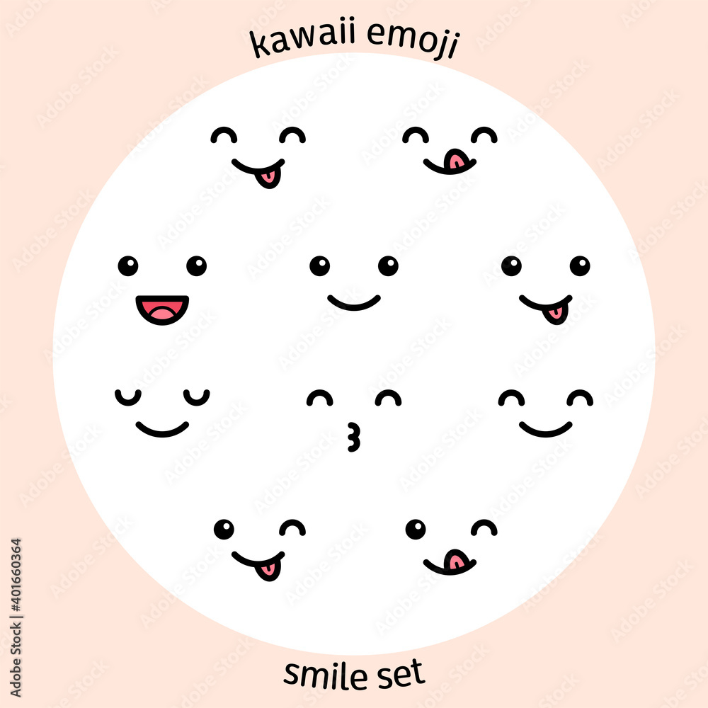 Set of kawaii emoji faces. Cute facial expressions in Japanese style ...
