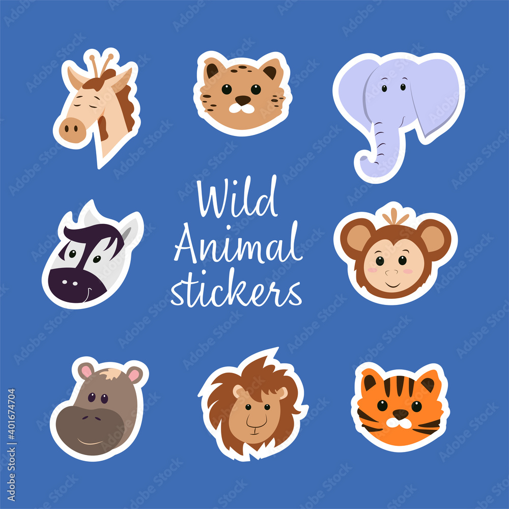 Collection of stickers with wild animals - faces of elephant, giraffe ...