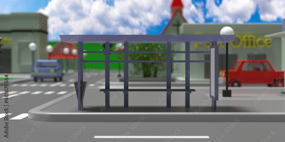 Cartoon bus station downtown concept. Shelter over bench background. 3d ...
