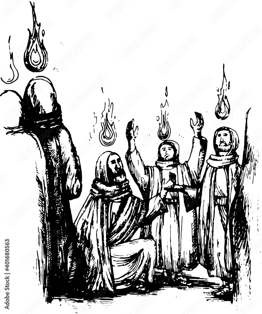 tongues of fire, rushing wind, Pentecost. Monochromatic vintage image ...
