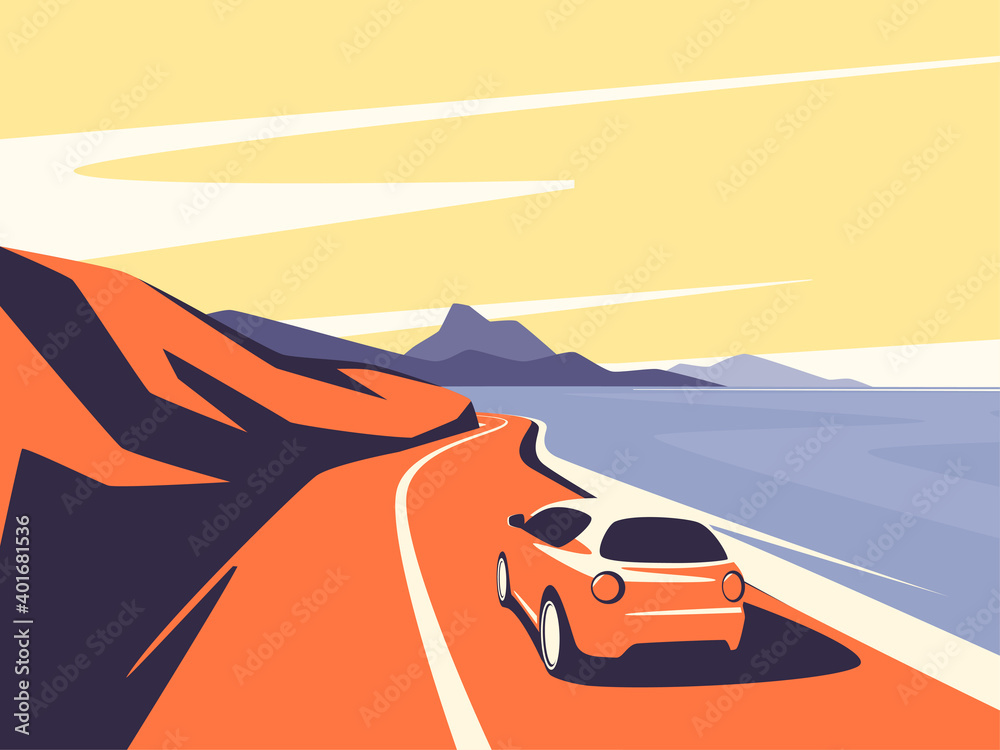 Vector illustration of a red car moving along the ocean mountain road ...