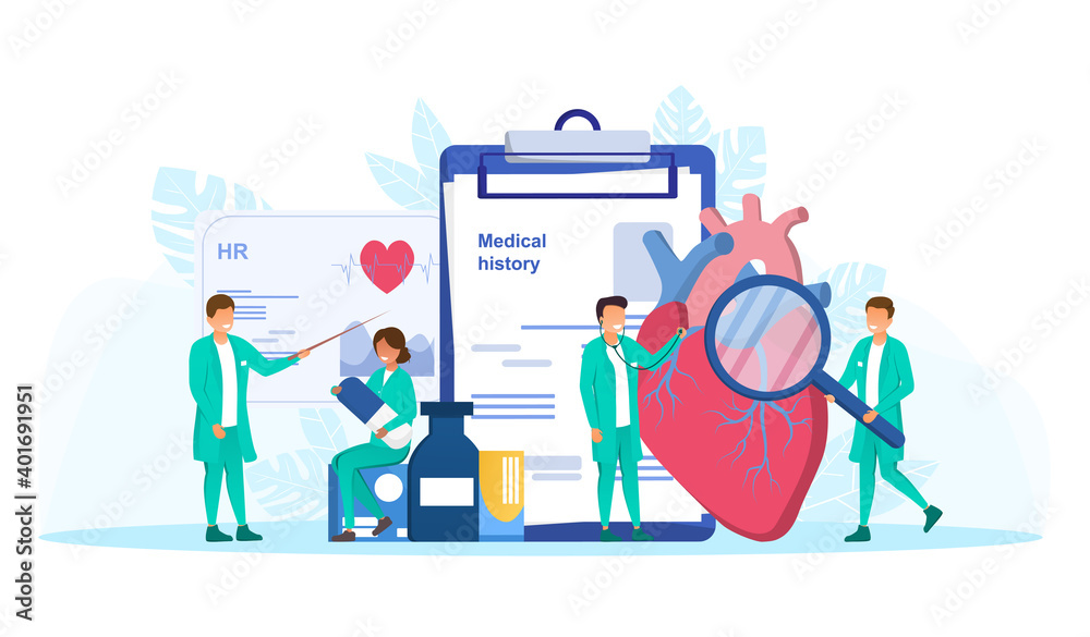 Male and female cardiologists studying and examining human heart with ...