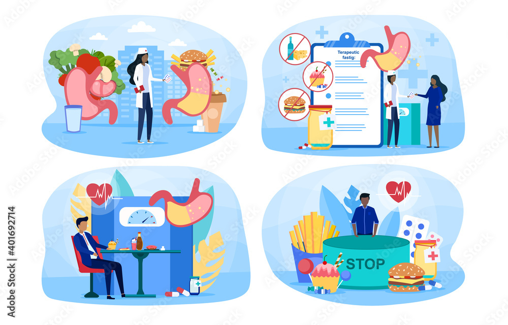 Set of cartoons with people suffering from overeating problem. Concept ...