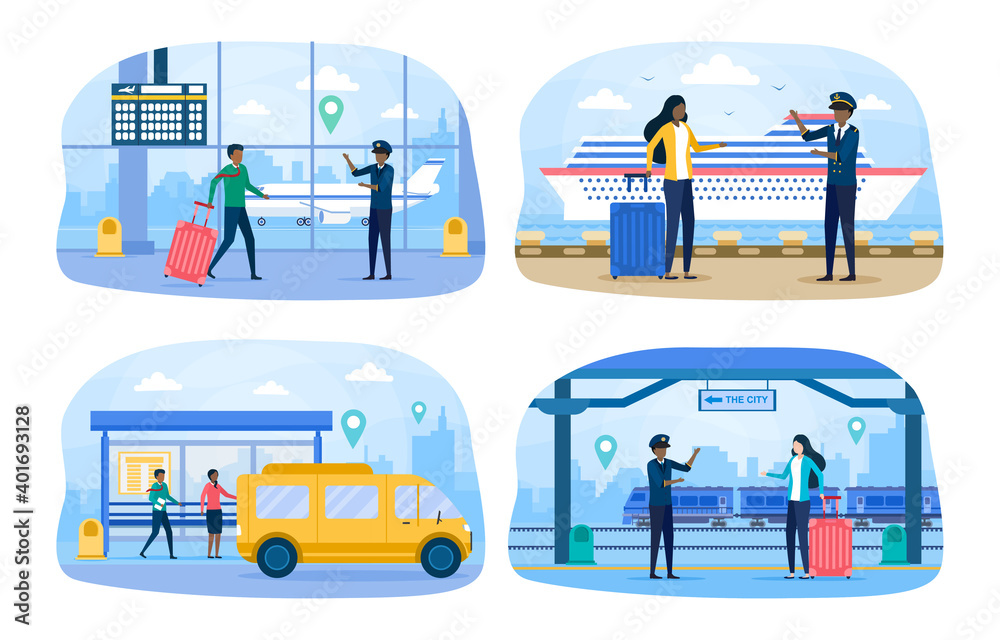 Set of city transport workers helping tourists to get to their ...