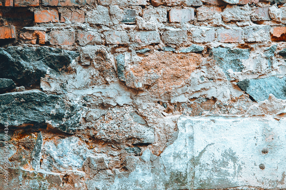 Background texture red old brick crumbling wall with a piece of ...