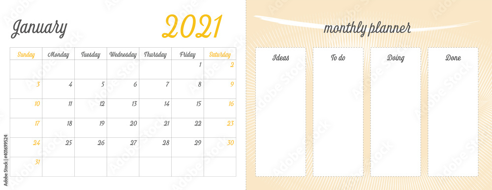 January 2021 Full Monthly Planner: January Calendar on the Left Side ...