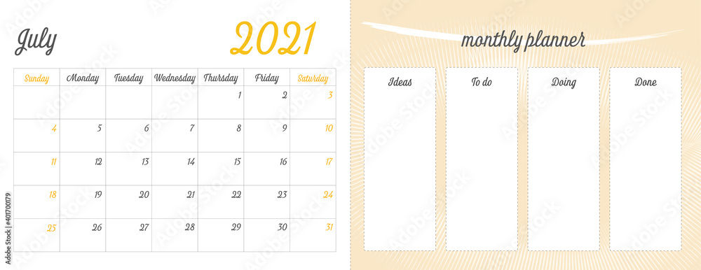 July 2021 Full Monthly Planner: July Calendar on the Left Side, and a ...