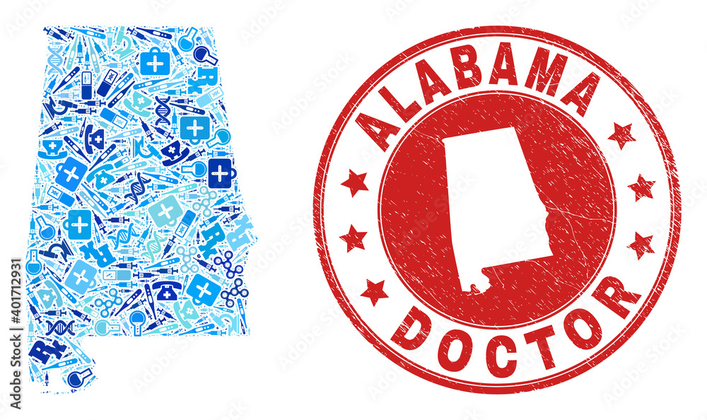 Vector mosaic Alabama State map with vaccine icons, analysis symbols ...