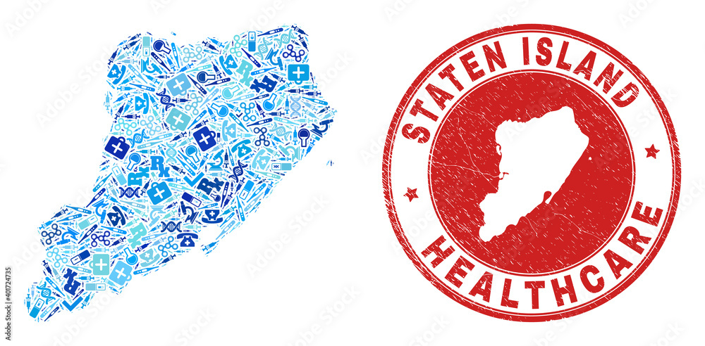 Vector mosaic Staten Island map with healthcare icons, laboratory ...