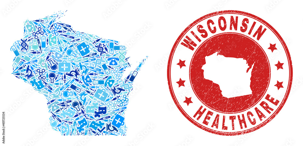 Vector mosaic Wisconsin State map with healthcare icons, medicine ...