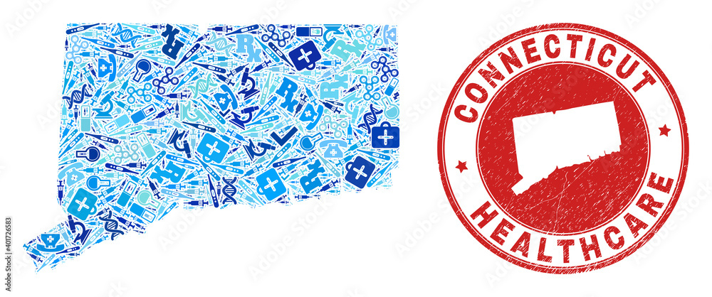 Vector collage Connecticut State map with medical icons, analysis ...