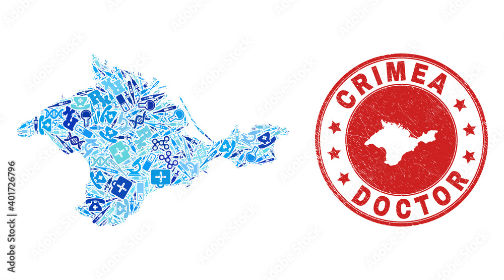 Vector mosaic Crimea map with syringe icons, laboratory symbols, and ...