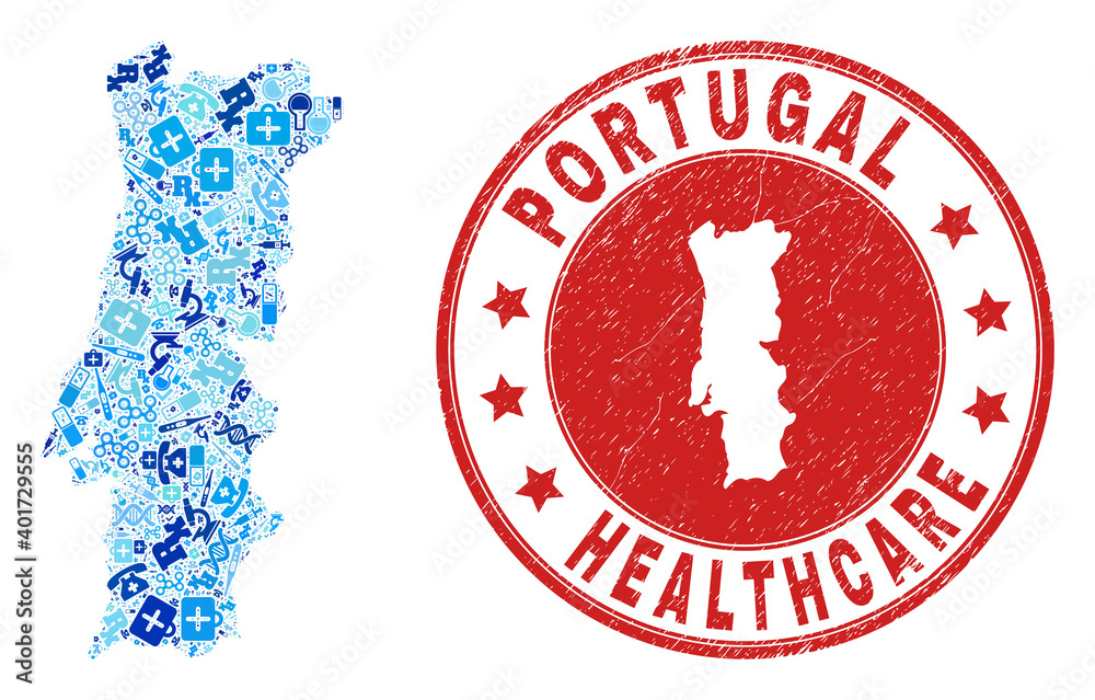 Vector collage Portugal map with treatment icons, medicine symbols, and ...