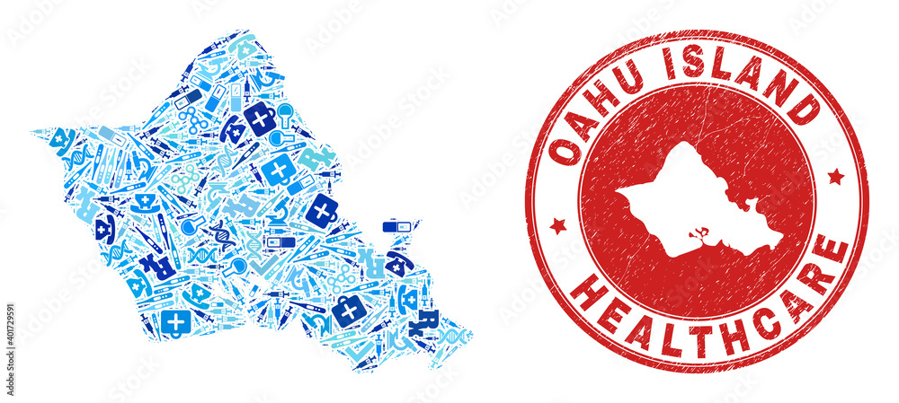Vetor do Stock: Vector mosaic Oahu Island map with treatment icons ...