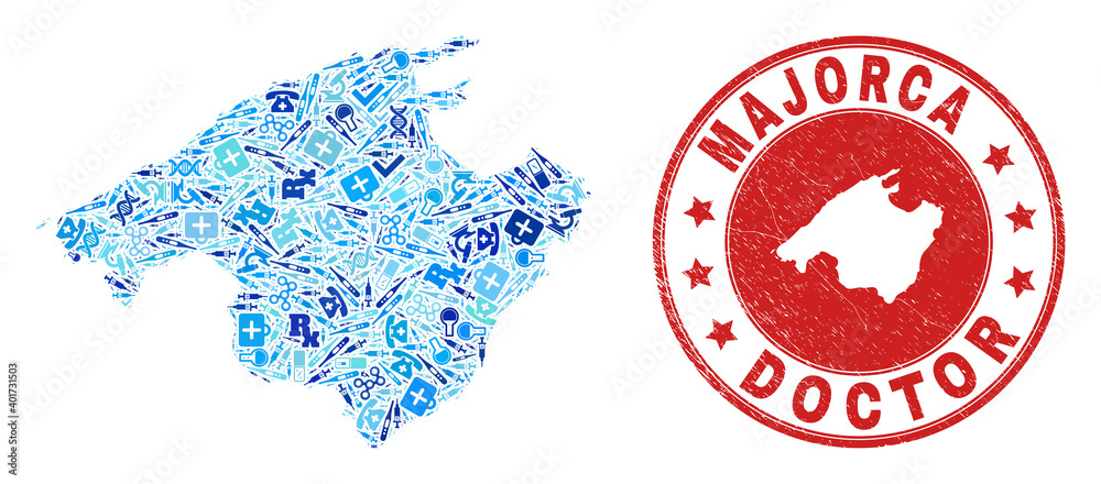 Vector mosaic Majorca map with healthcare icons, medicine symbols, and ...