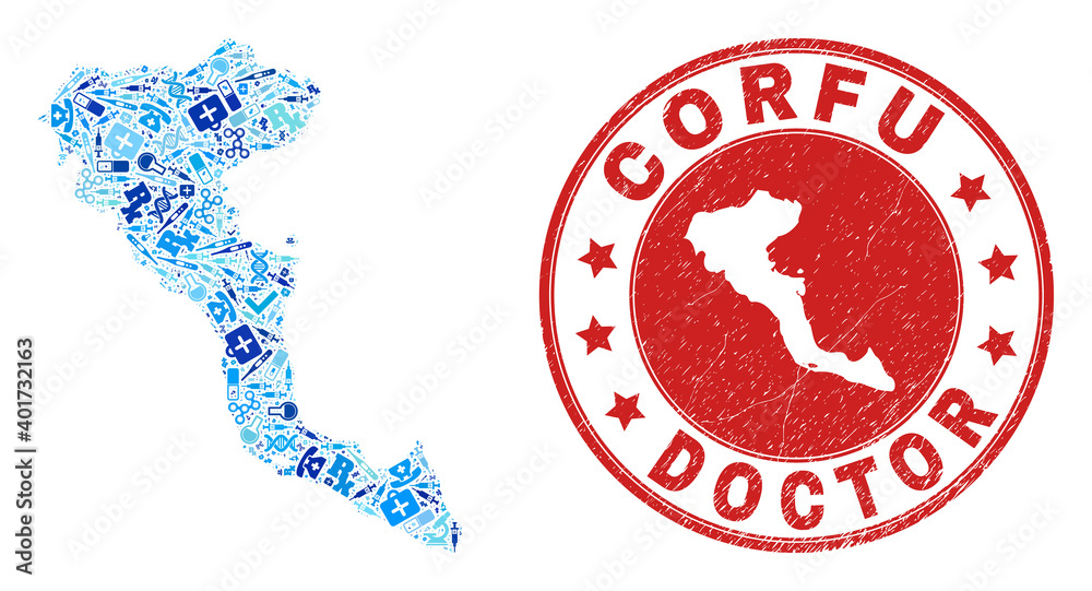 Vector collage Corfu Island map with injection icons, labs symbols, and ...