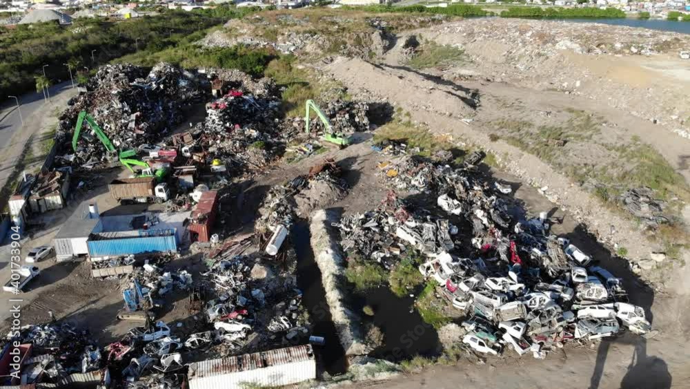 Aerial top view of damage old cars being recycle for steel. Old damage ...