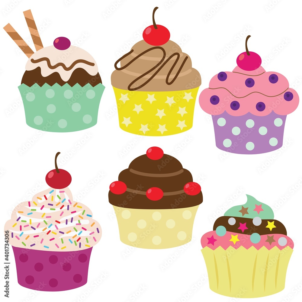 Sweet colorful party cupcakes vector cartoon illustration Stock Vector ...