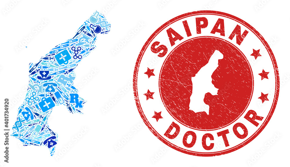 Vector mosaic Saipan Island map with injection icons, analysis symbols ...