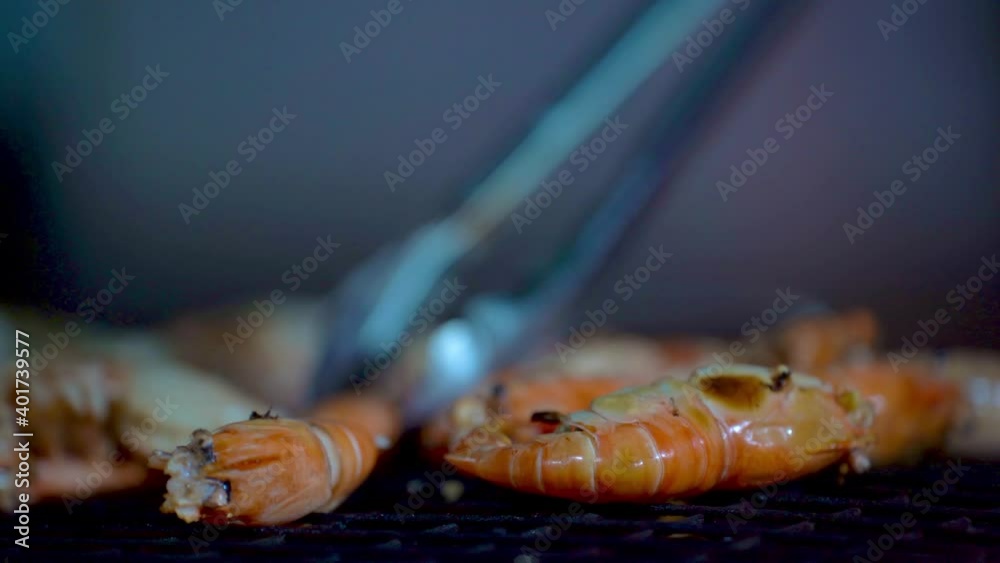 Fresh Sea shell grill with fire and smoke. Concept seafood bar and ...