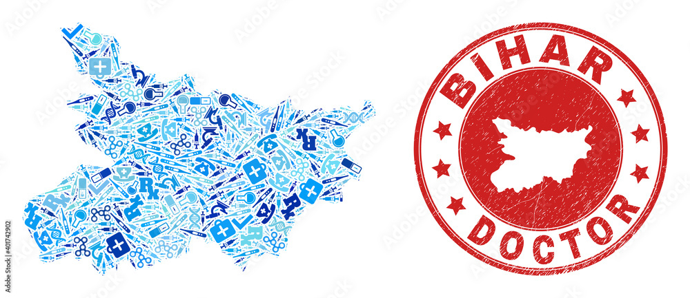 Vector mosaic Bihar State map with treatment icons, labs symbols, and ...
