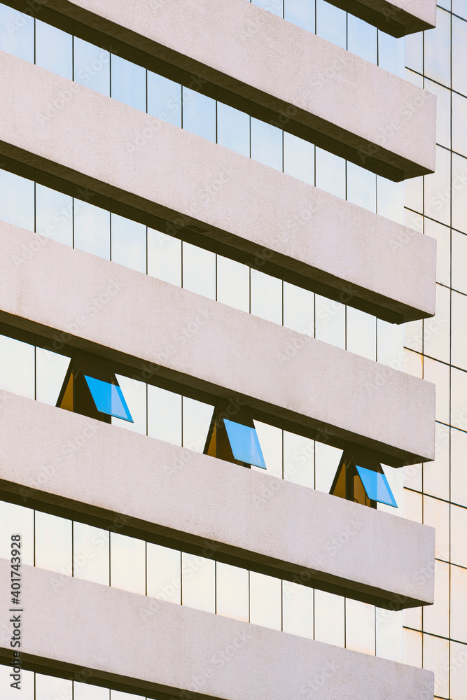 Blue sky reflection on surface of glass windows are opening on glass ...