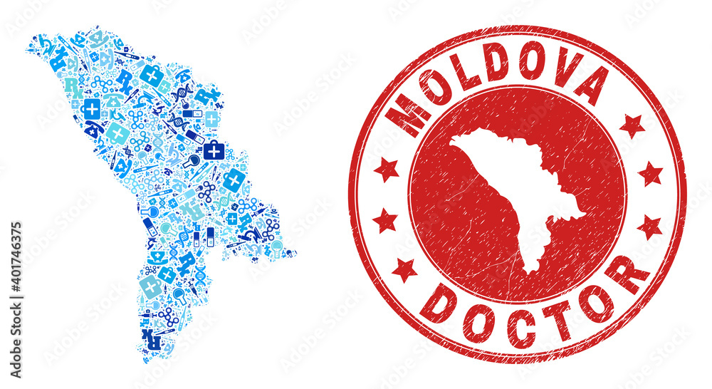 Vector mosaic Moldova map with treatment icons, analysis symbols, and ...