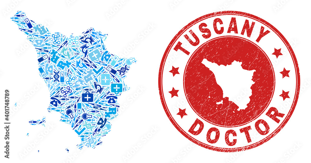 Vector collage Tuscany region map of dose icons, hospital symbols, and ...