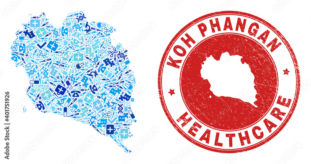 Vector collage Koh Phangan map with injection icons, analysis symbols ...