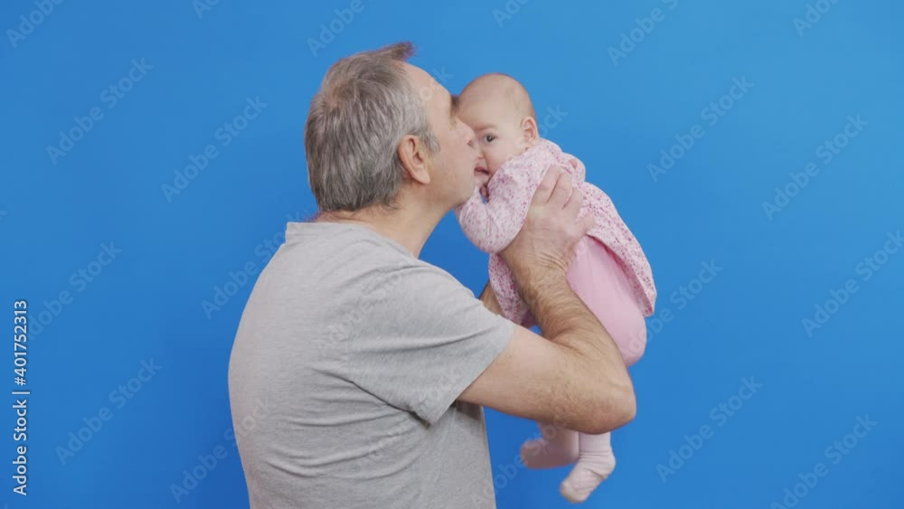Funny Games and Laugh of Caucasian Old Man and Baby Kid in Domestic ...