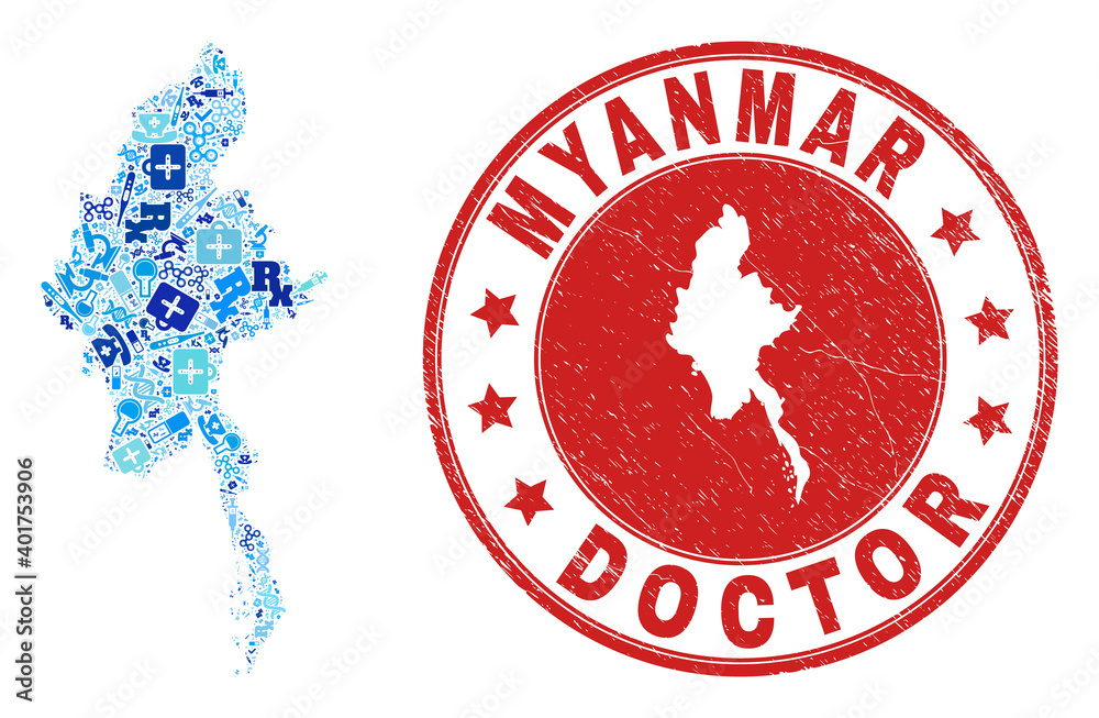 Vector collage Myanmar map with medical icons, hospital symbols, and ...