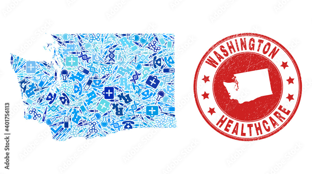 Vector mosaic Washington State map with vaccination icons, receipt ...