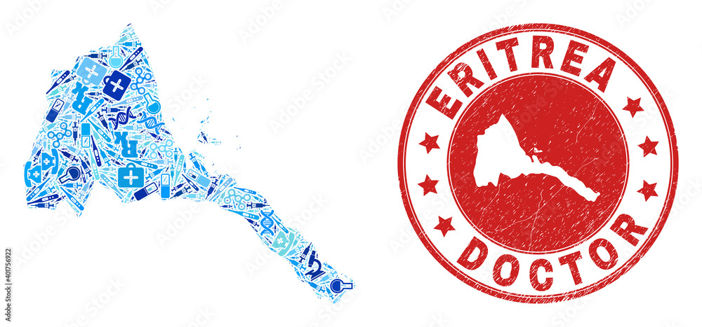 Vector collage Eritrea map with inoculation icons, first aid symbols ...