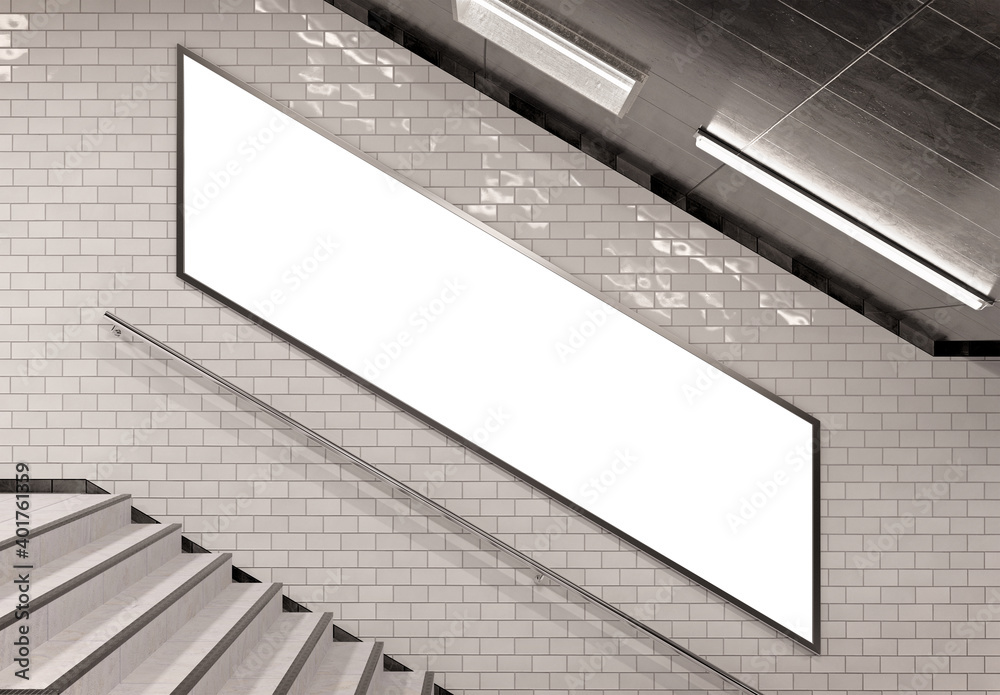 Parisian style billboard on underground stairs wall Mockup. Panoramic ...