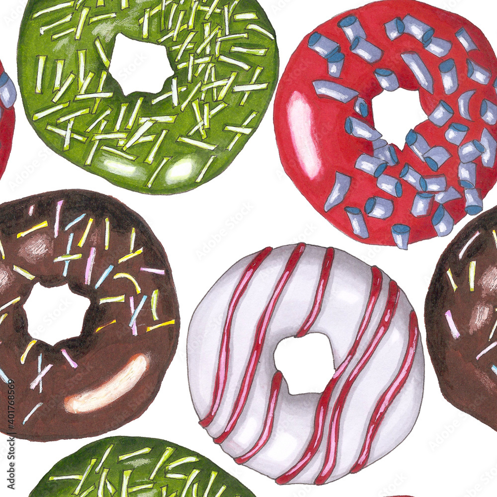 Donuts seamless pattern. Sweet donuts with chocolate, strawberry ...