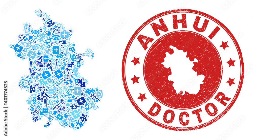 Vector mosaic Anhui Province map with dose icons, chemical symbols, and ...