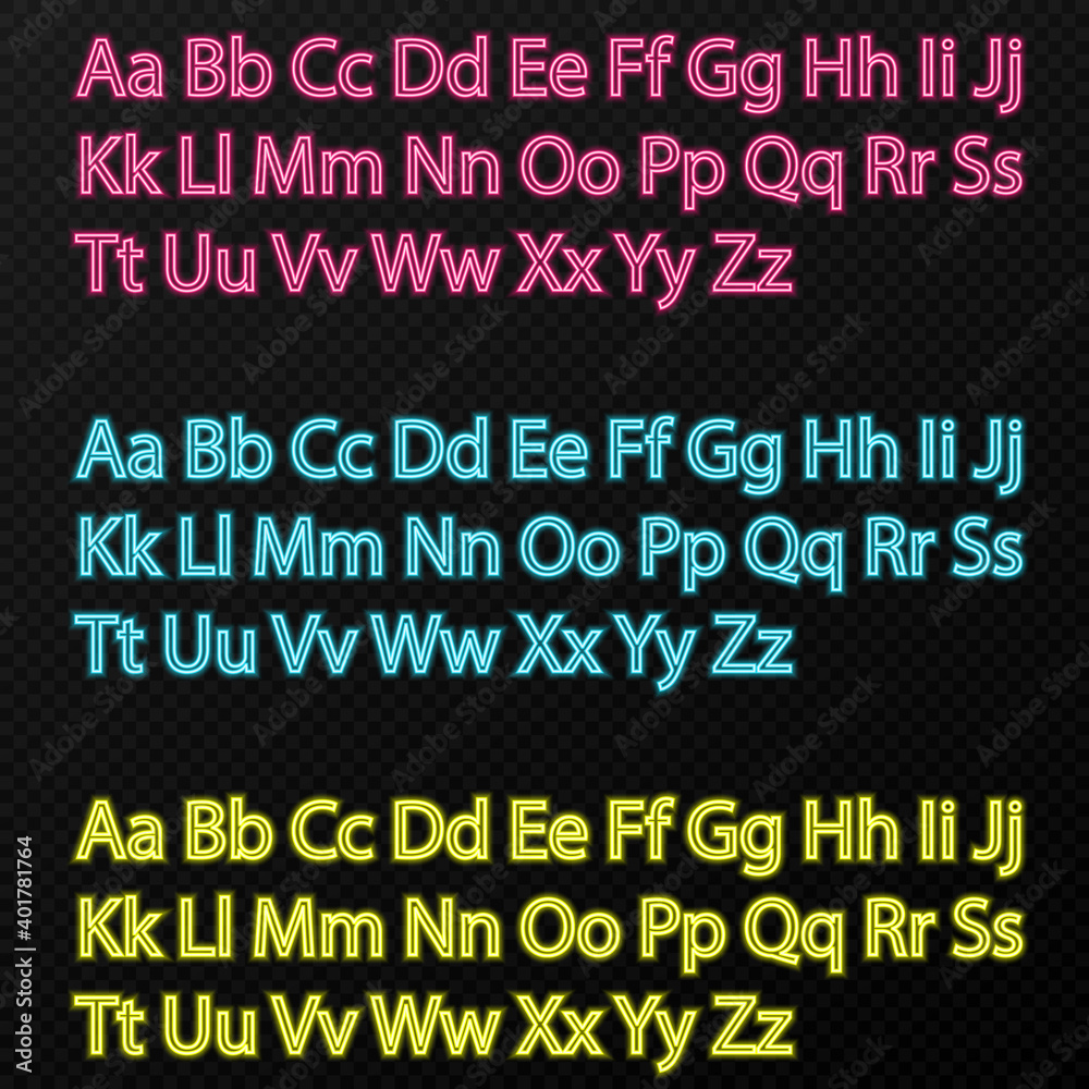 Vector set of neon alphabet of different colors. Different colors of ...