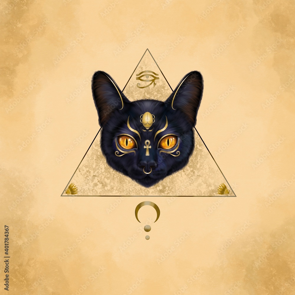 Sphynx cat in the middle of the pyramid with ancient egyptian symbols ...