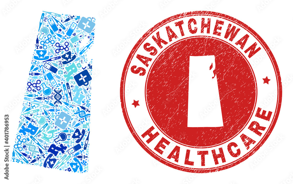 Vector mosaic Saskatchewan Province map with medical icons, first aid ...