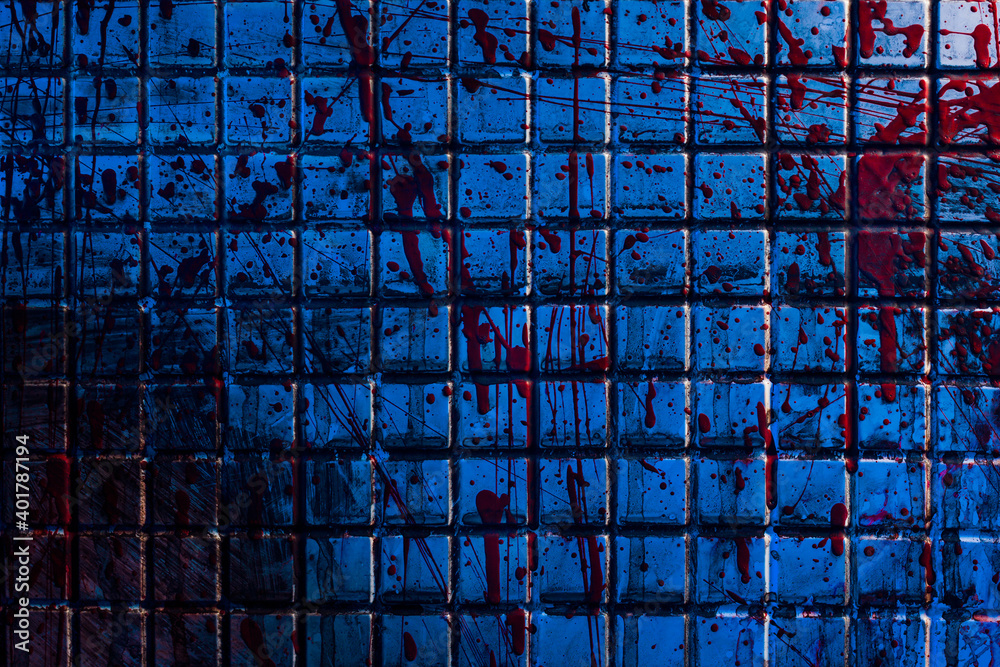 Bloody background. The dirty tile wall is stained with blood. A gloomy ...