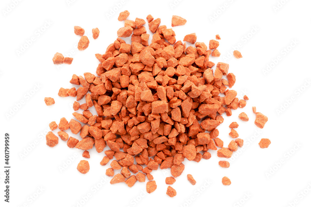 Pile of red mineral fertilizers on a white background, top view. Heap ...