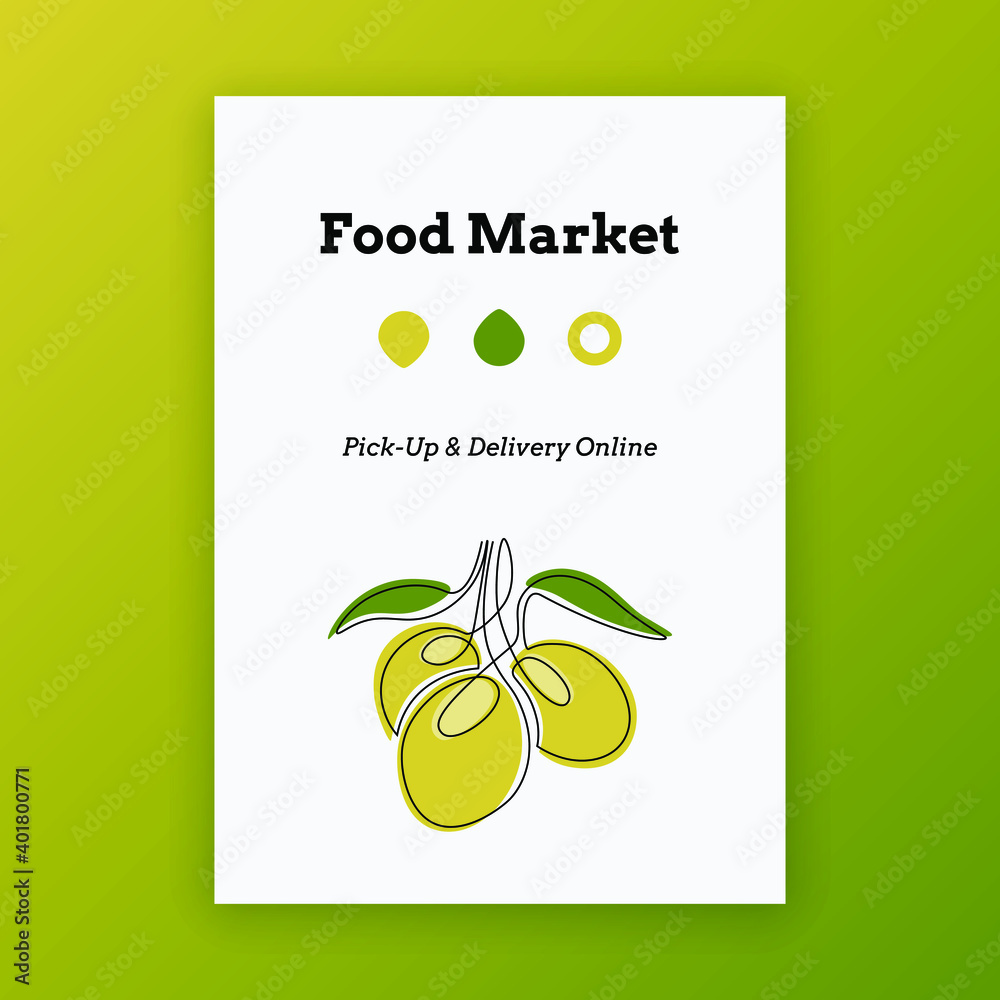 One line drawing of olives.Colorful poster with olive branch for ...