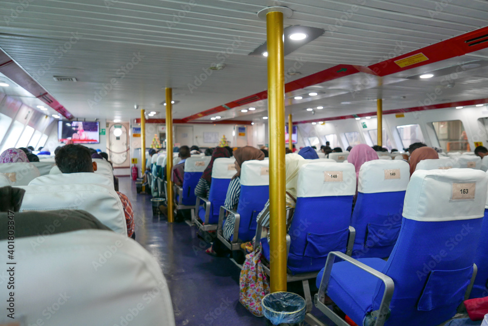 Interior view inside a ferry with numbering seat of passengers. Stock ...