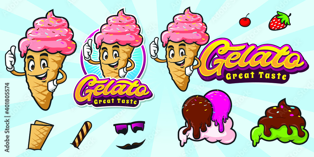 Cartoon happy ice cream gelato character logo Stock Vector | Adobe Stock