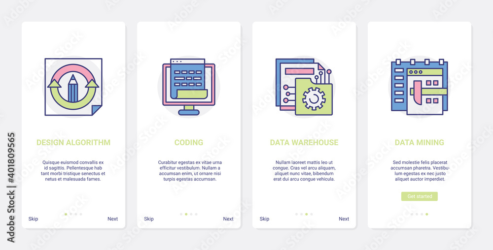 Data cloud storage, coding and mining technology vector illustration. UX, UI onboarding mobile ...