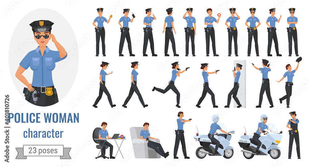 Police officer woman poses vector illustration set. Cartoon young ...