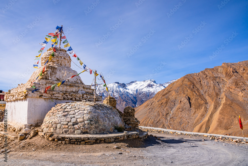 Stupa at Kibber village, famous for snow leopard of Kibber wildlife ...