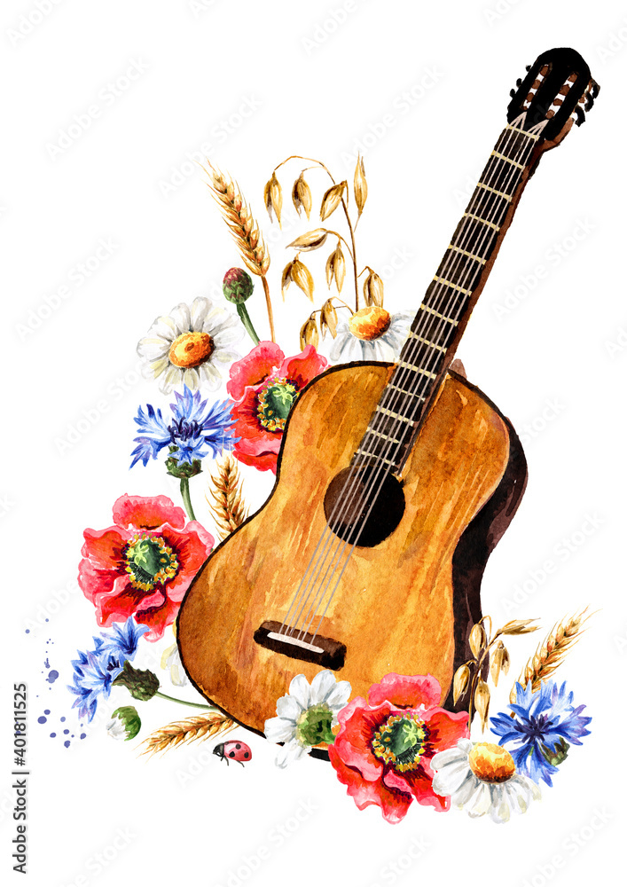 Wooden guitar music string instrument and flowers. Summer music concept ...